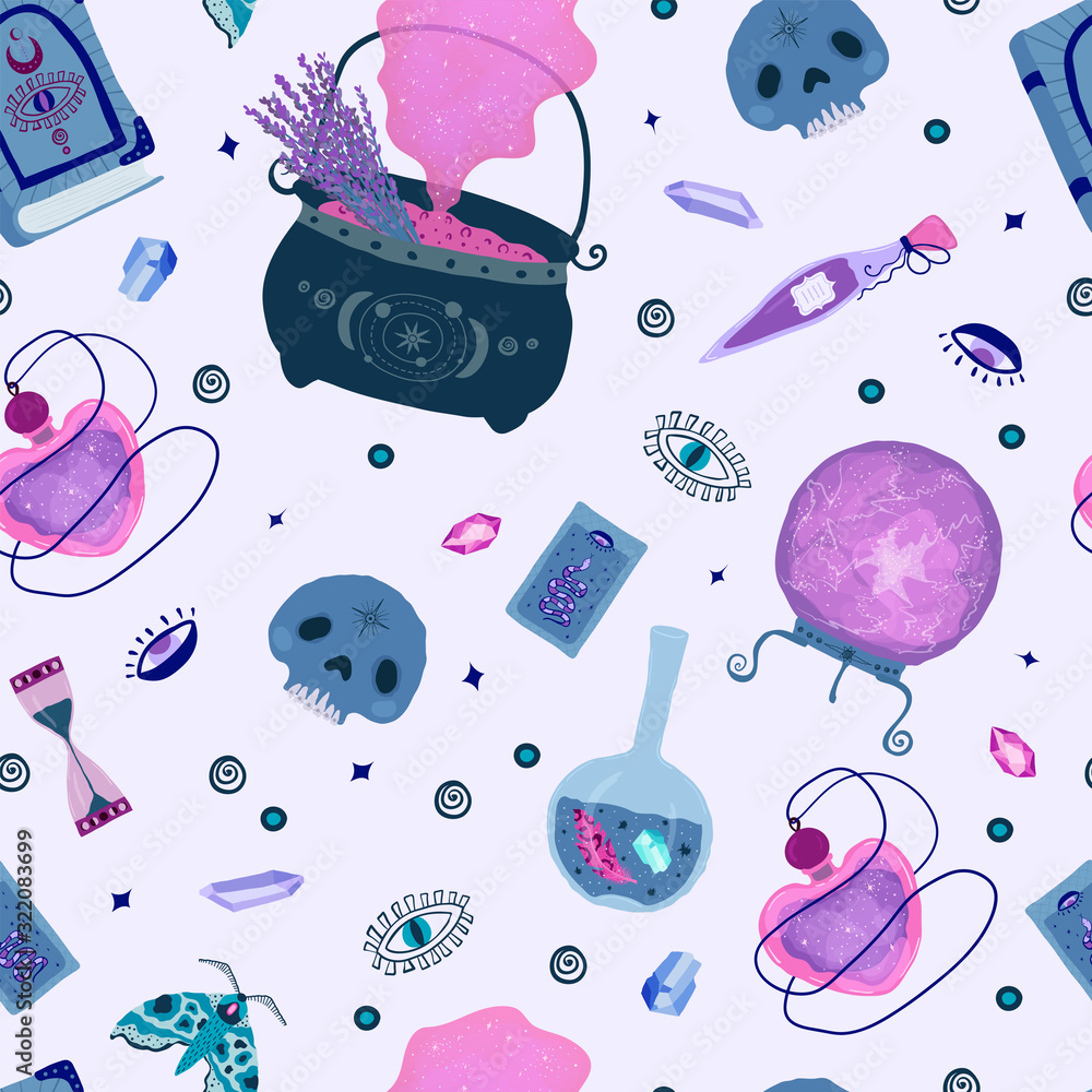 Seamless pattern with magic magic elements in lilac, purple and pink ...