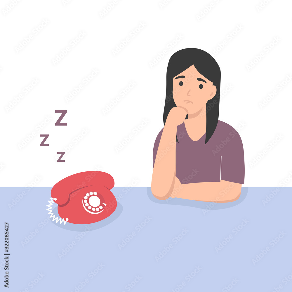 Sad woman is waiting for a call. Flat vector cartoon illustration ...