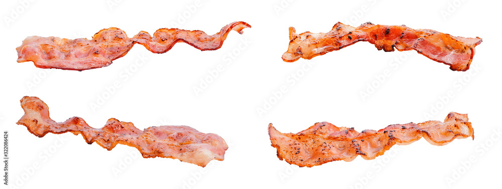 Four slices of fried bacon at various angles on white background Stock ...