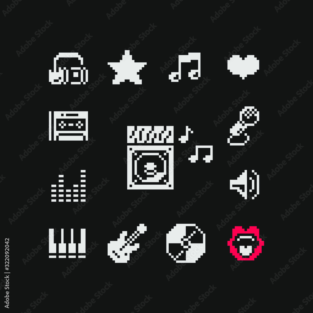 1-bit music icons set, piano, headphones, guitar, cd disc and musical ...