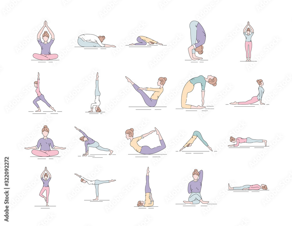 Yoga color line icons set. Different yoga poses and asanas. Pictogram ...
