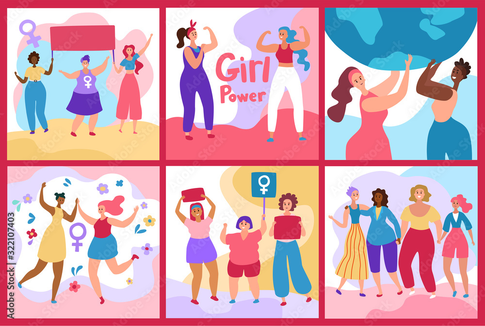 Feminism and girl power young women cartoon characters vector ...