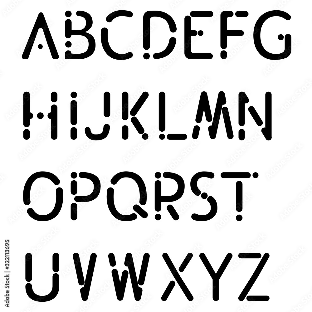Stencil font or typeface, black modular round alphabet uppercase ...