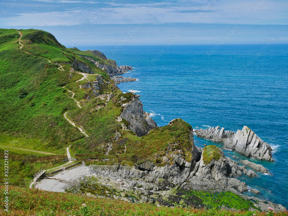 The north Devon coast near Lee Bay showing the steeply inclined slate ...