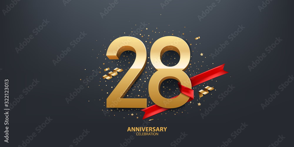 28th Year anniversary celebration background. 3D Golden number wrapped ...