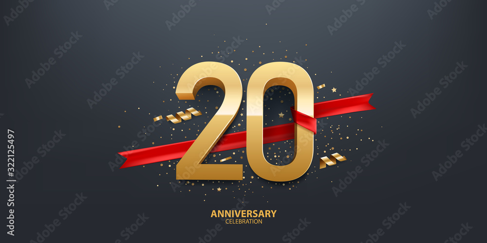 20th Year anniversary celebration background. 3D Golden number wrapped ...