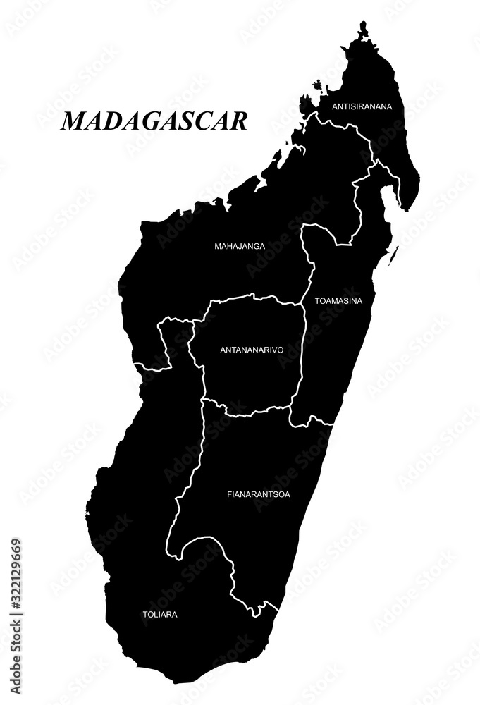 Map of the island of Madagascar. Black silhouette on a white background. Island state. Border ...