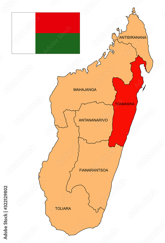 Map of the island of Madagascar. The Province Of Toamasina. Flag of the ...