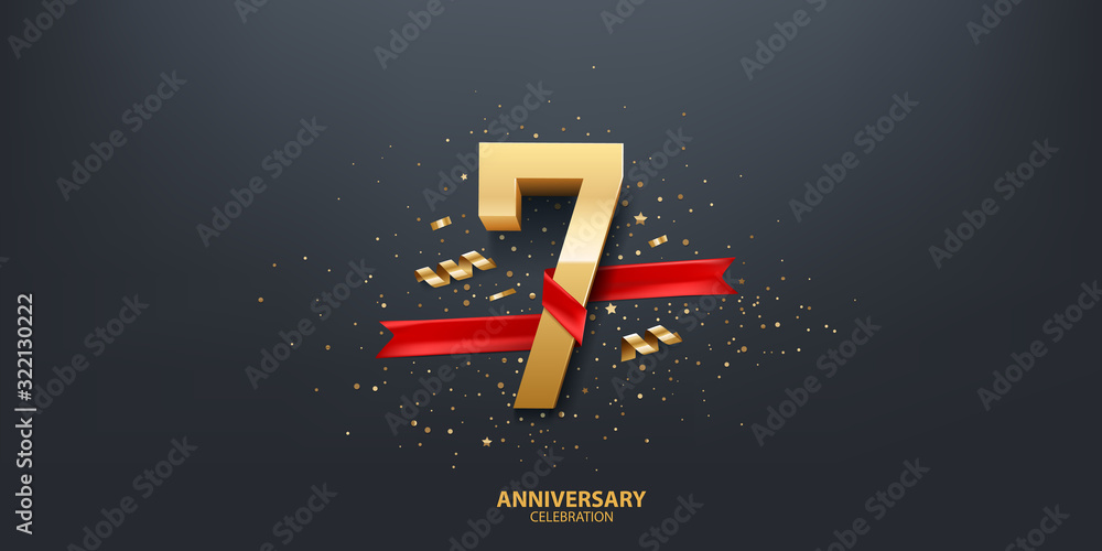 7th Year anniversary celebration background. 3D Golden number wrapped ...
