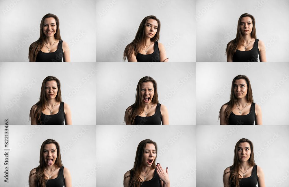 Set of young woman's portraits with different emotions. Young beautiful ...