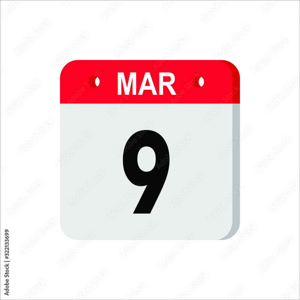 March 9 - Calendar Icon. Calendar Icon with shadow. Flat style. Date ...