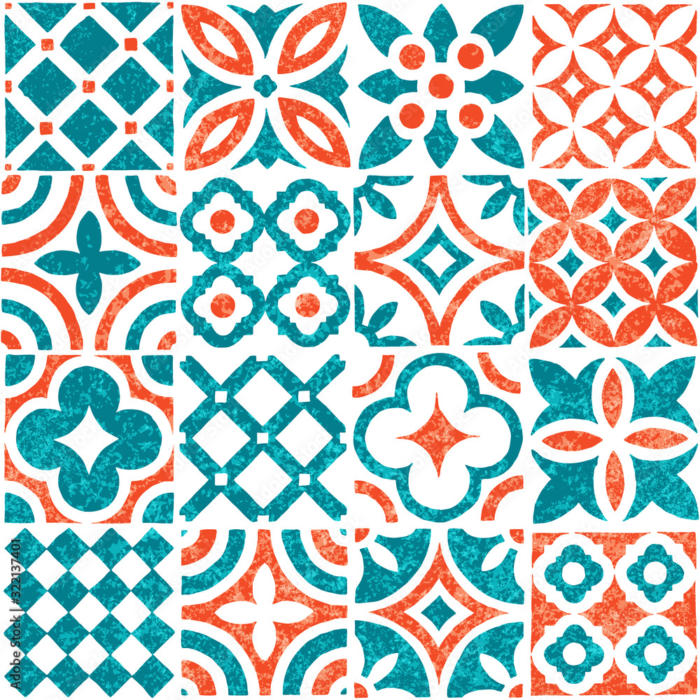 Tile seamless pattern. White, orange and blue colors. Hand-drawn ...