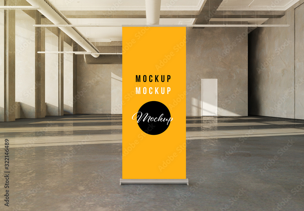 Roll Up Poster Mockup Installed in an Industrial Background Stock ...