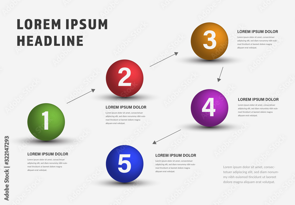 Infographic Layout with Colored Balls and Pointing Arrows Stock ...