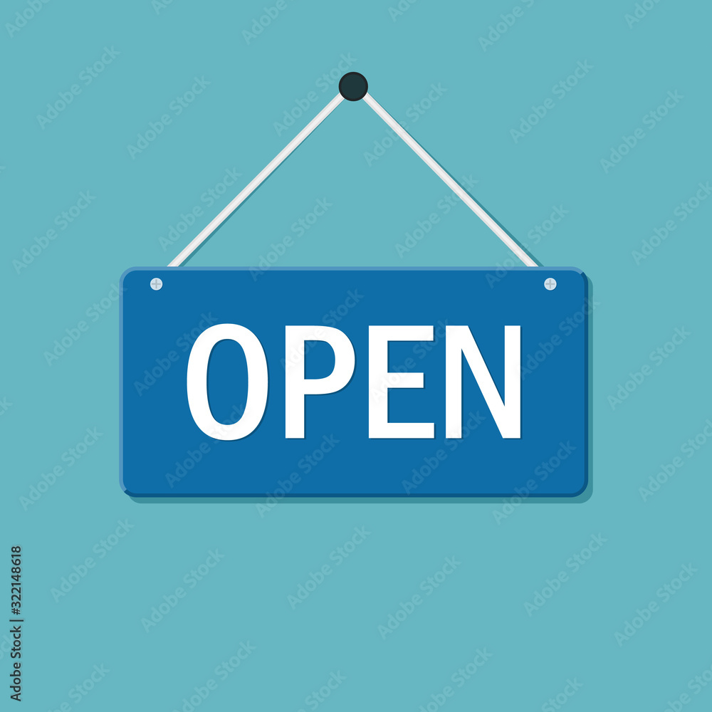 Open door sign flat style. Graphic welcome icon hanging on shop door ...
