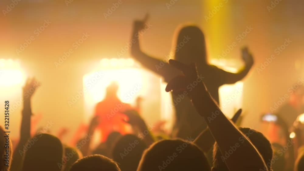 Super slow motion: people crowd silhouettes partying, cheering and ...