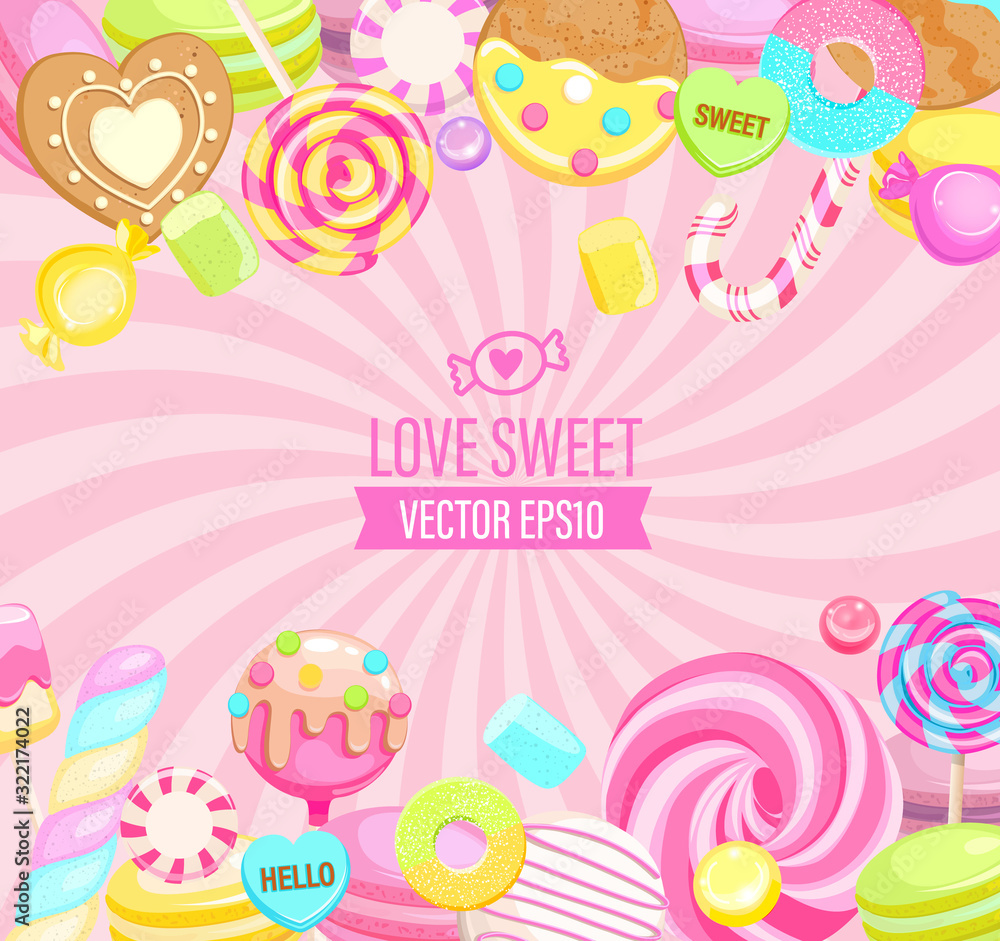 Love Sweet shop logo, with many sweets and place for text. Sunburst ...