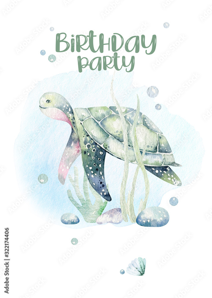 sea animals aquarium baby happy birthday poster. Blue watercolor ocean ...