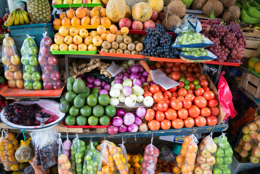 Shelf of a market located in Cuenca, Ecuador, with several typologies ...