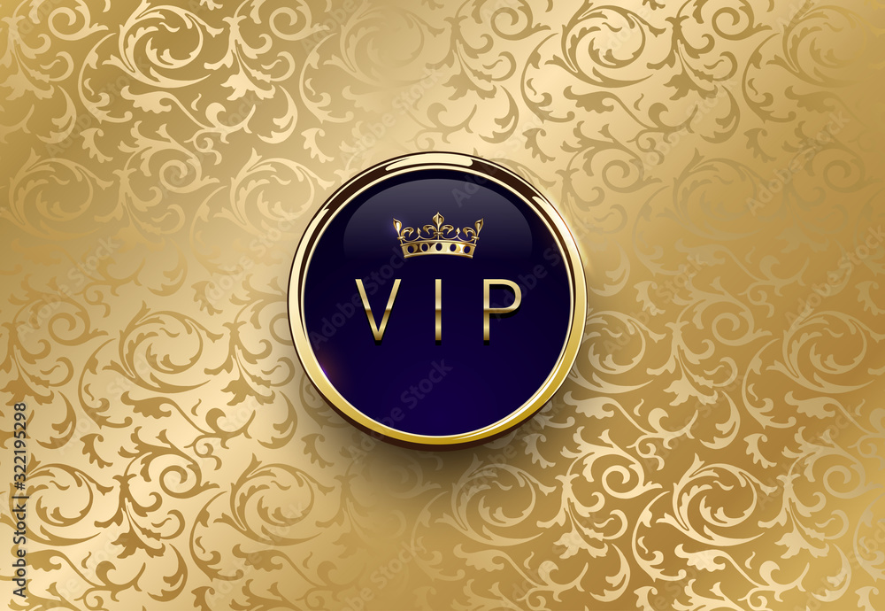 Vip blue label with round golden ring frame crown on gold floral ...