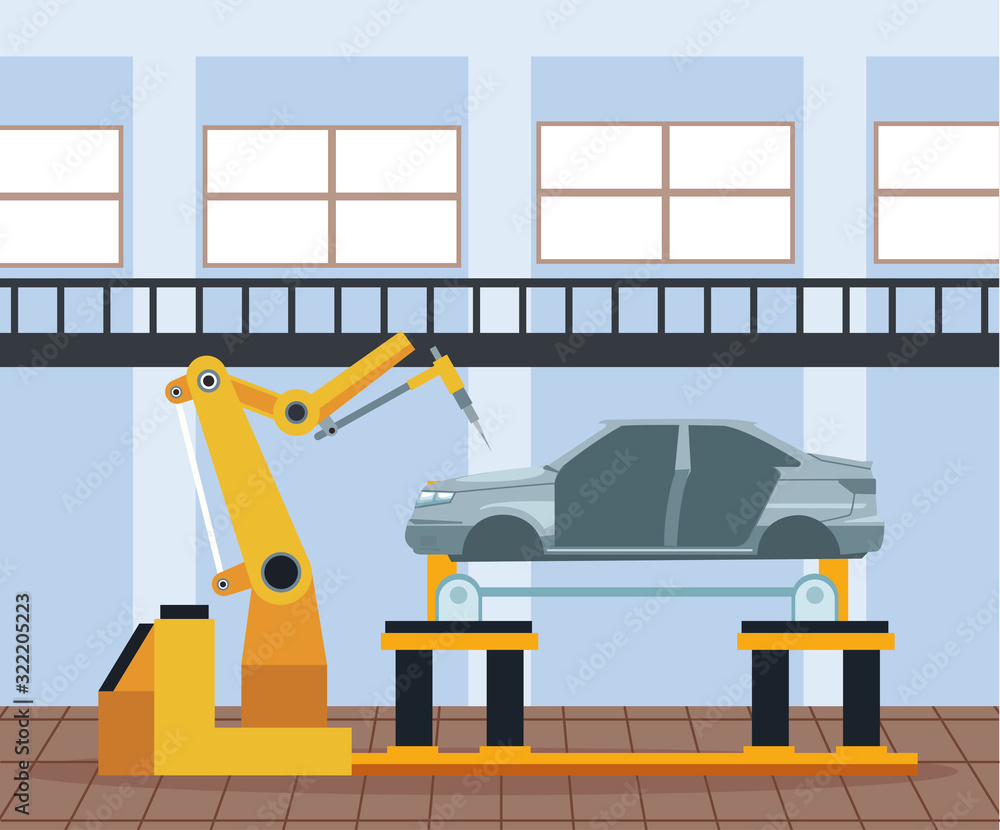 car workshop scenery with arm industrial machine working on lifted car ...
