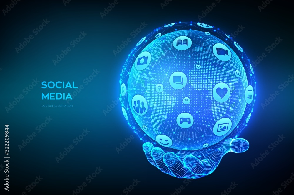 Social media connection concept. Wireframe sphere made from a different ...