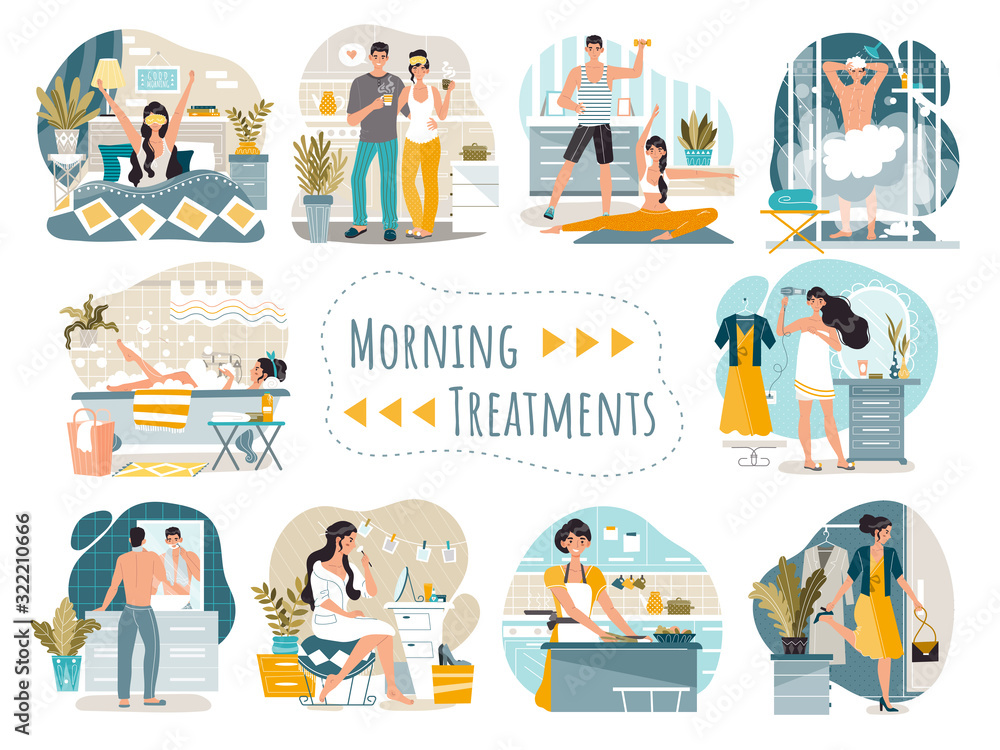 Daily morning routine of man and woman cartoon characters, vector ...