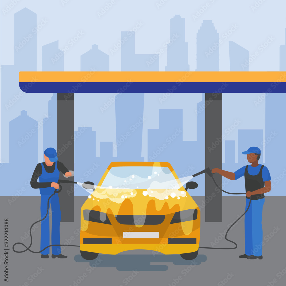 Car washing service city station and process vector illustration flat ...