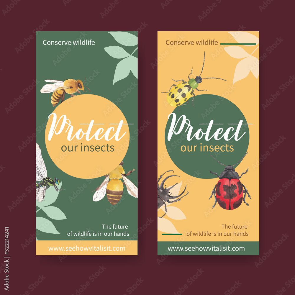 Insect and bird flyer design with wasp, stag beetle, ladybug watercolor ...