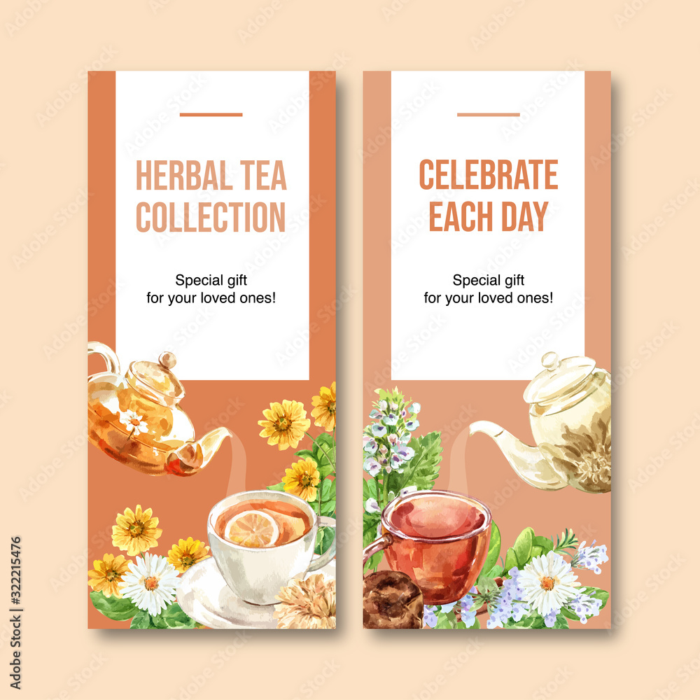 Herbal tea flyer design with chamomile, peppermint watercolor ...