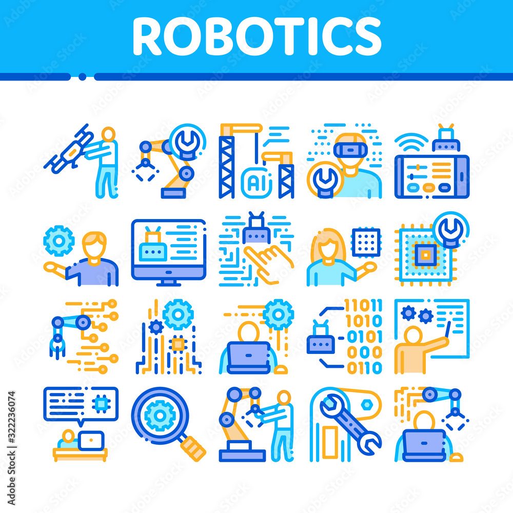 Robotics Master Collection Icons Set Vector. Human Worker With Drone ...