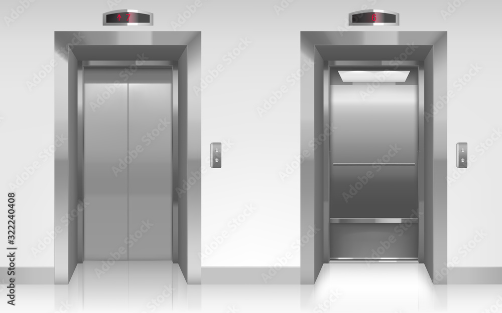 Open and closed elevator doors in office hallway. Vector realistic ...