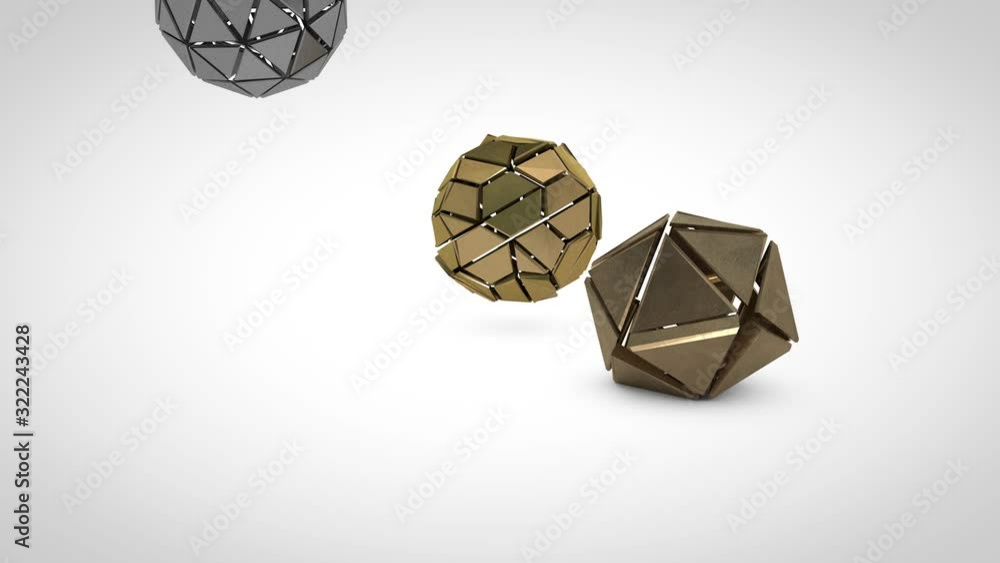 3D animation of a set of geometric shapes made of metal falling on a ...
