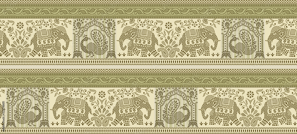 Seamless peacock and elephant border with traditional Asian design ...