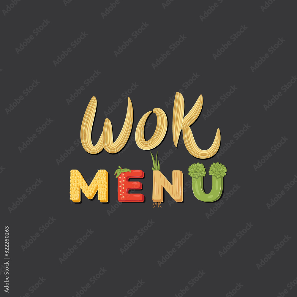 Wok Menu - lettering label design. Vector illustration. Stock Vector ...