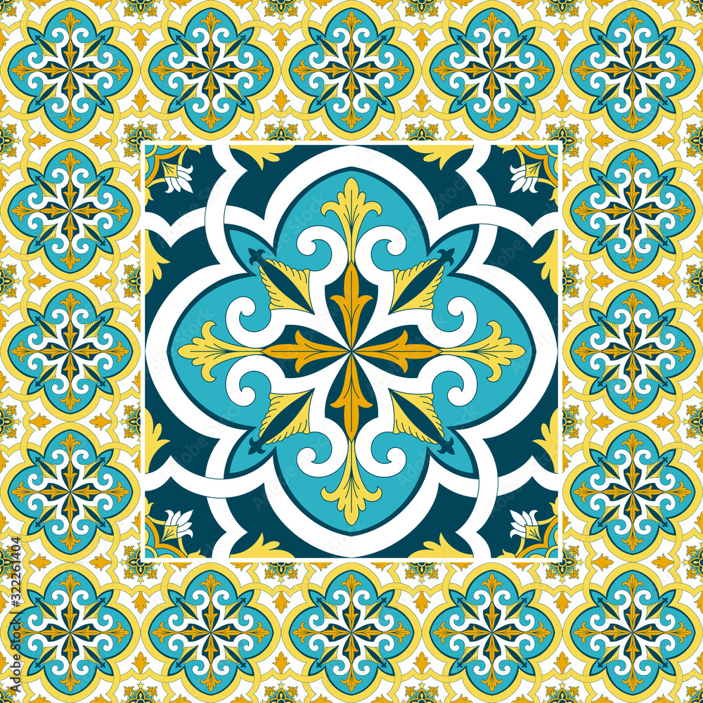 Mexican tile pattern floor vector with vintage floral print. Big ...