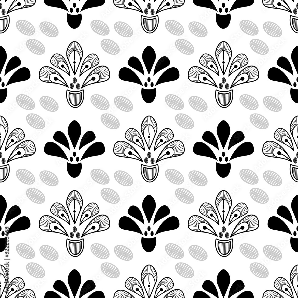 Black and white abstract flowers vector seamless pattern. Doodle style ...