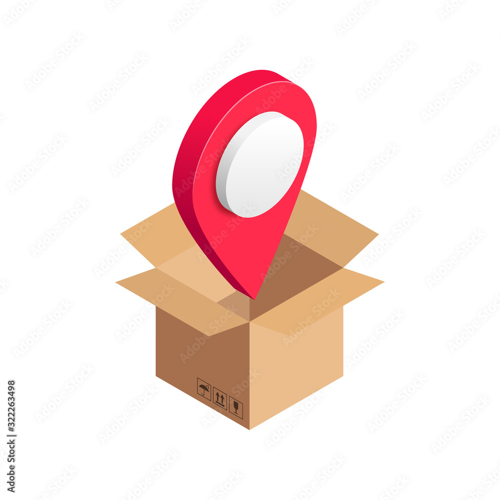 Isometric opened cardboard box with map pointer inside isolated on whte ...