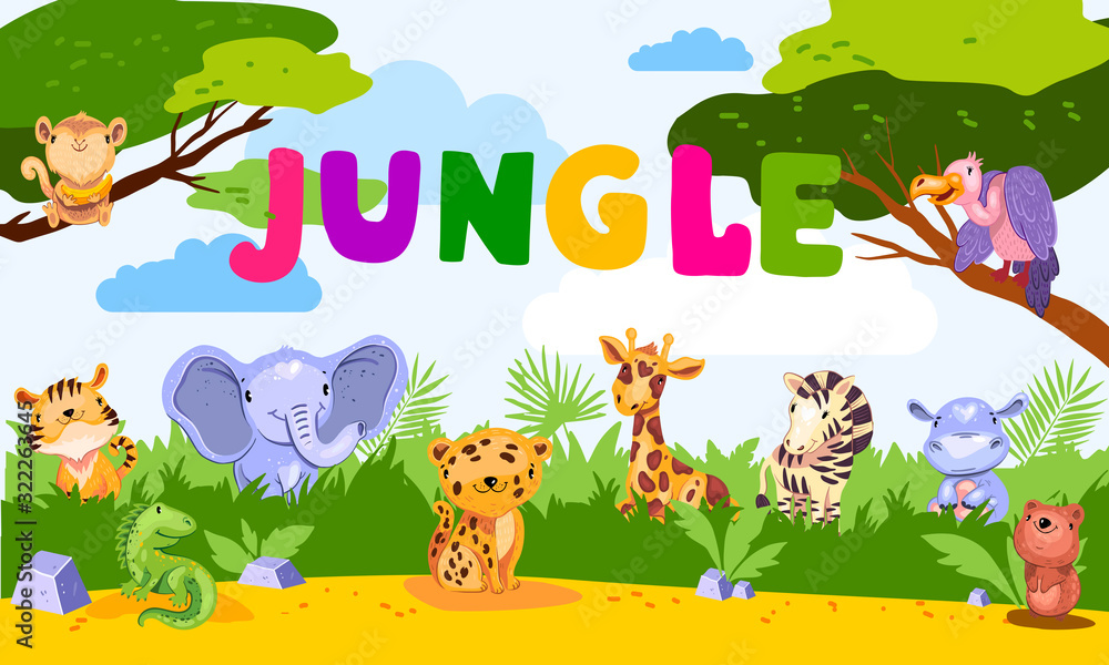 Colorful vector jungle background with wild animals, bushes and trees ...