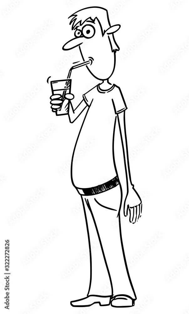 Vector funny comic cartoon drawing of man drinking soda pop or water or ...