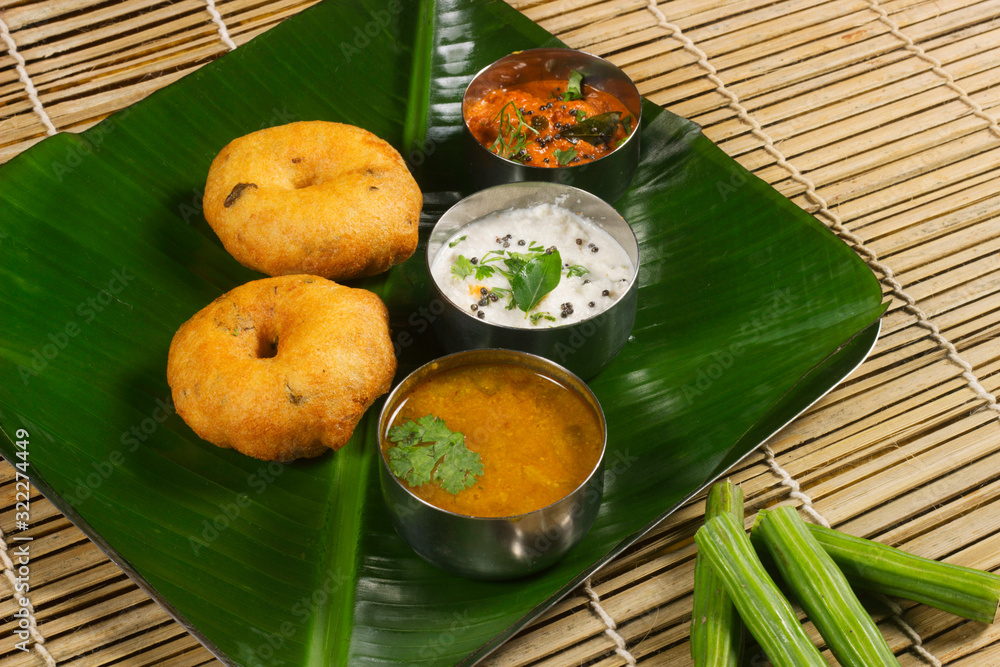 Medu wada with sambar and chutney, South Indian breakfast or snack dish ...