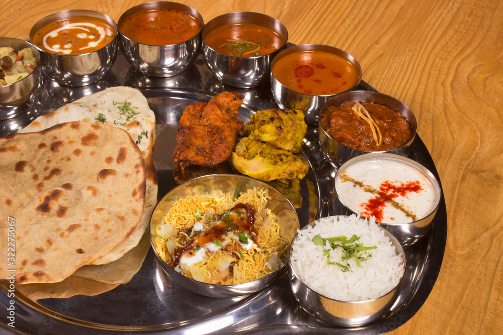 Mutton Thali with vegetables, rice and rotis Stock Photo | Adobe Stock