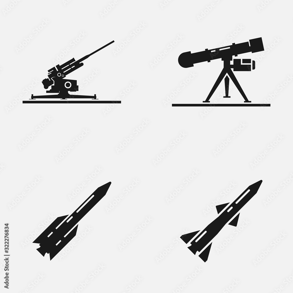 Set of anti-aircraft and anti-tank missile black and white vector icon ...