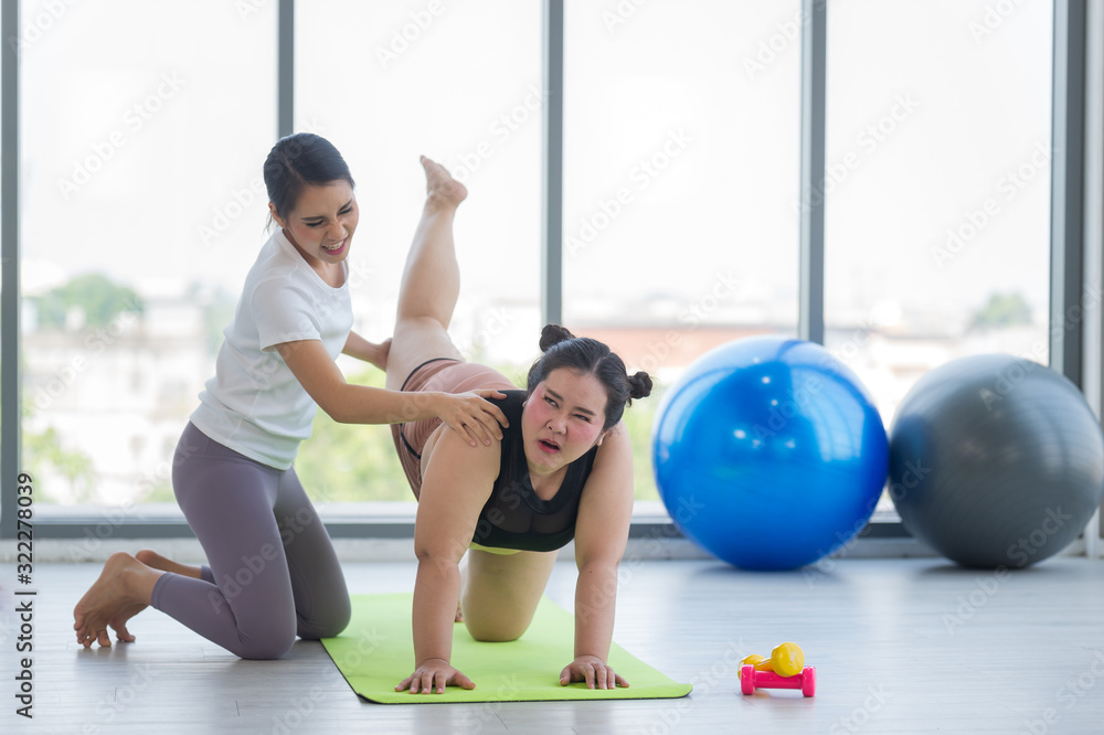 Fat woman and trainer work out in the fitness class Stock Photo | Adobe ...