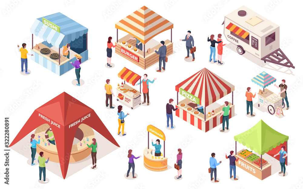 Street or fast, junk food tents. Set of isometric counters and stall ...
