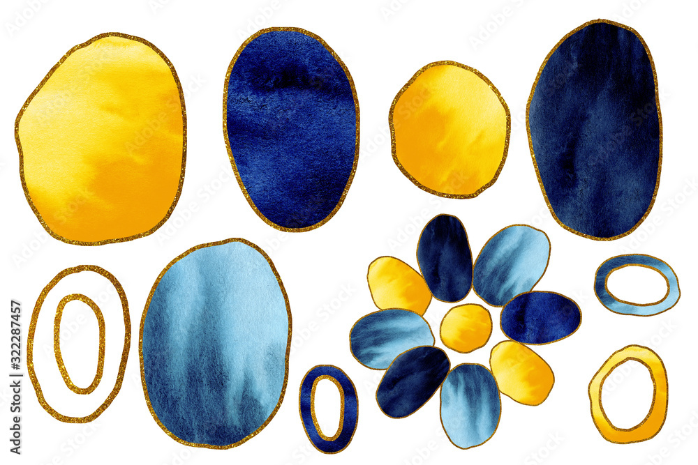 Geometric shapes, blue and yellow circles with a gold stroke isolated ...
