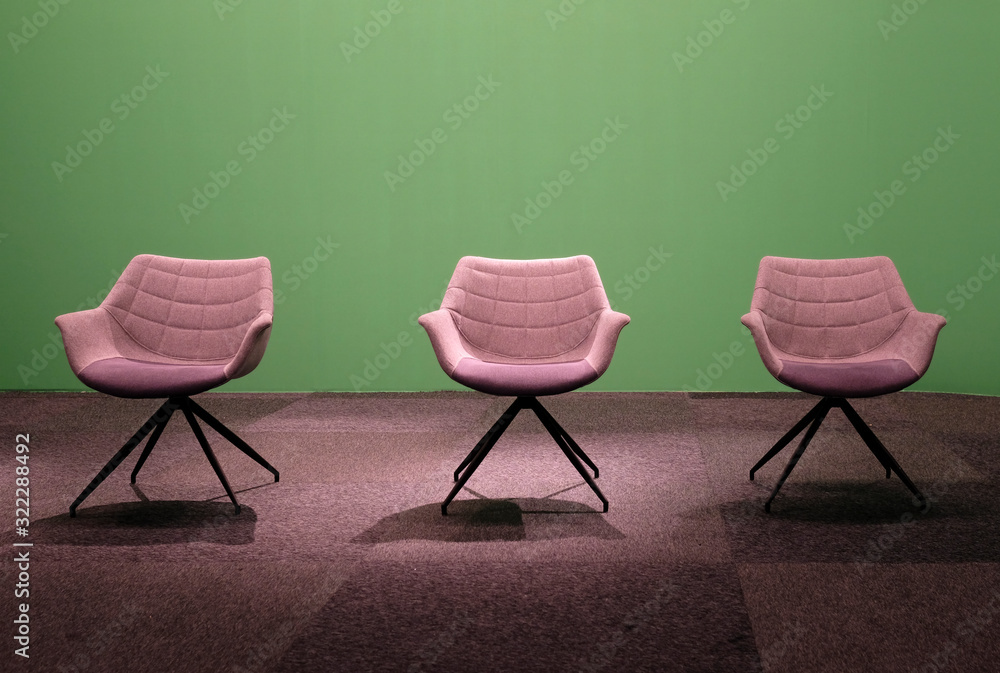 Three empty chairs in a studio with green screen Stock Photo | Adobe Stock
