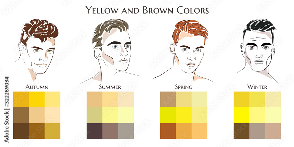 Seasonal color analysis. Vector hand drawn men with different types of ...