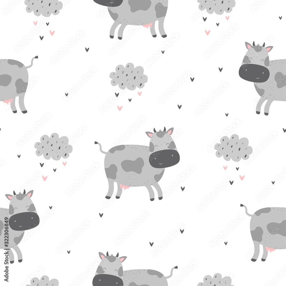 Seamless pattern with cute cartoon character cow. Print for baby shower ...