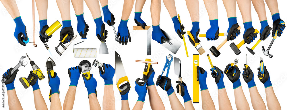 huge set collection of people hands holding up hand tools isolated on ...